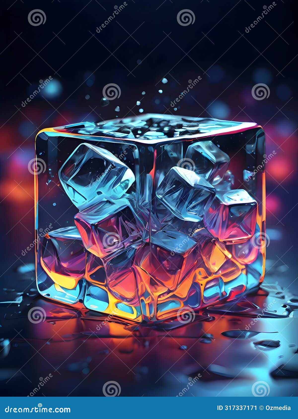 Single Large Ice Cube with Intricate Details and Bright Internal ...