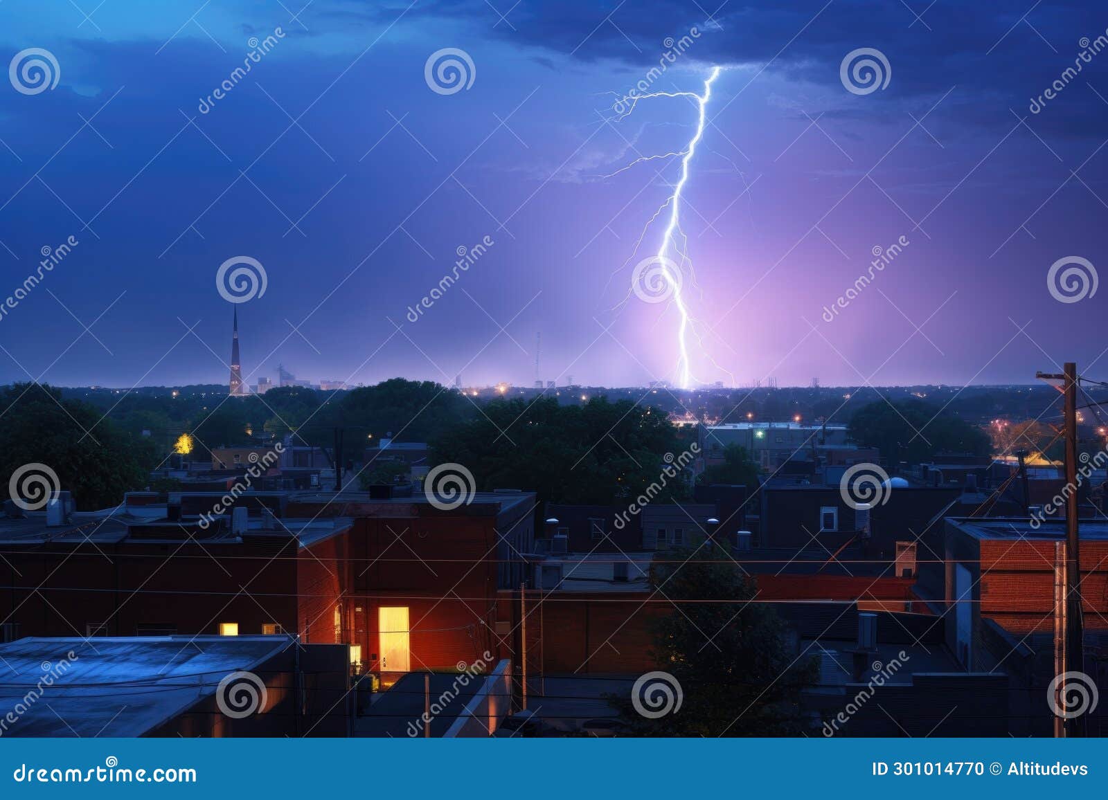 A Single Lightning Bolt Striking an Antenna on a City Rooftop Stock ...