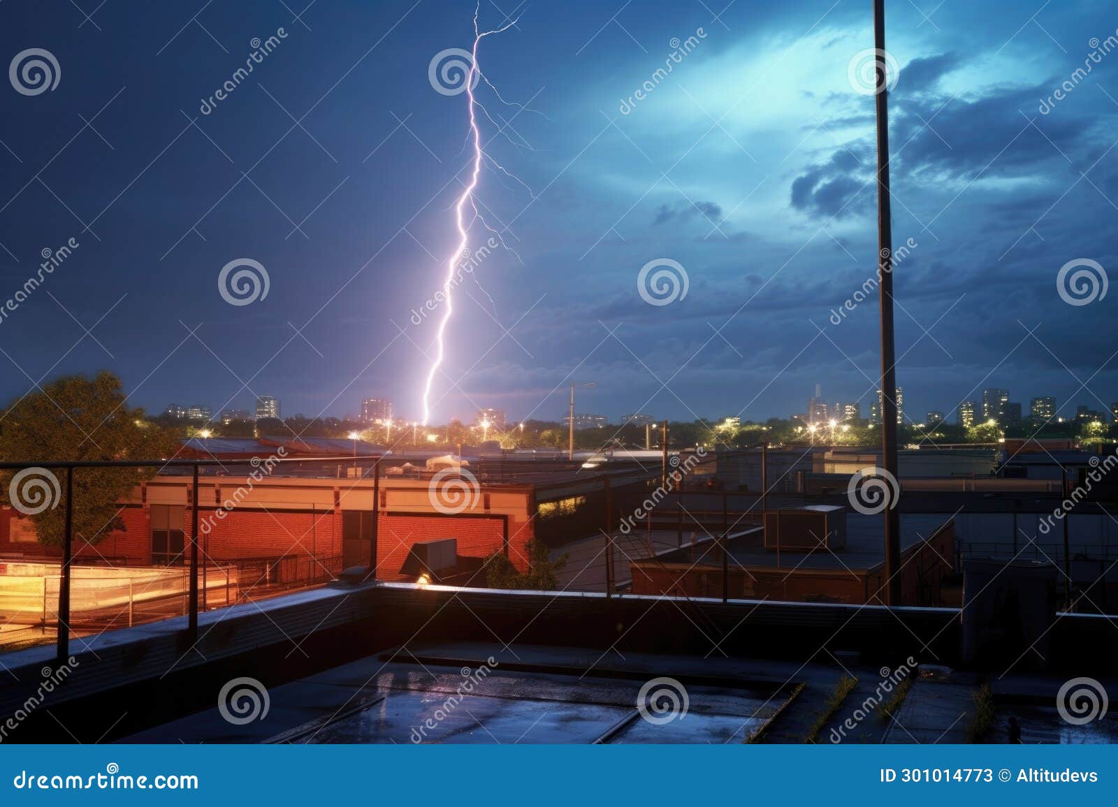A Single Lightning Bolt Striking an Antenna on a City Rooftop Stock ...