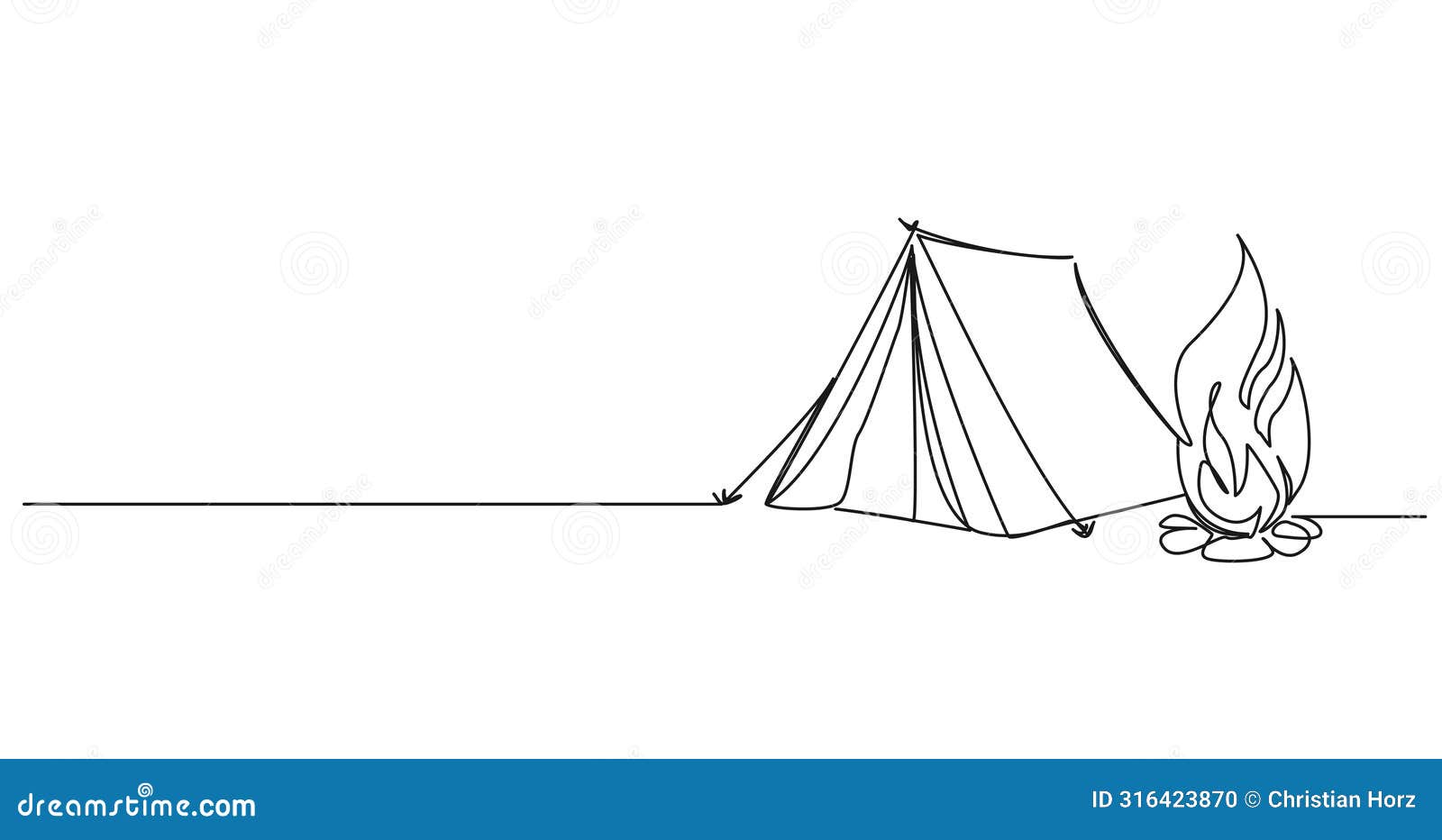 Single Line Drawing Of Campground With Tent And Campfire Vector ...