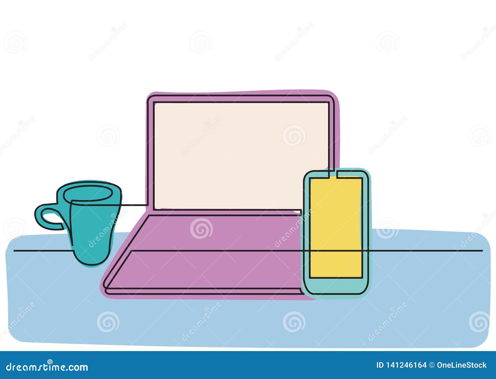 Continuous Line Drawing of Laptop Computer Mobile Phone Stock Vector ...