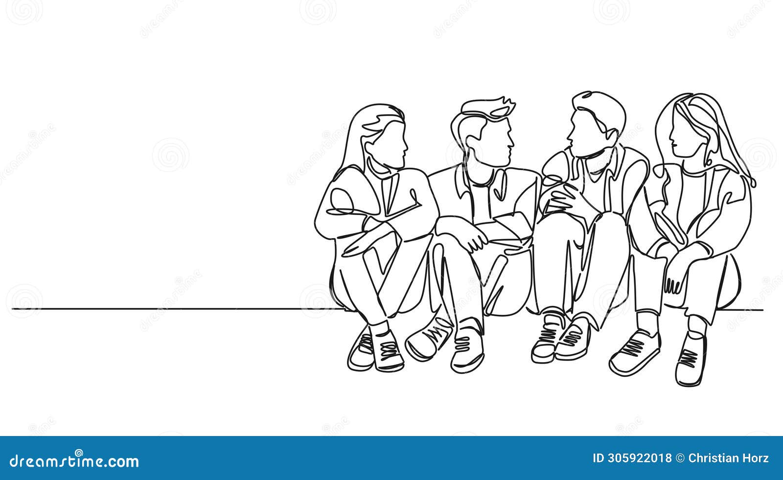Single Line Drawing of Group of Young People Sitting on Ground Talking ...