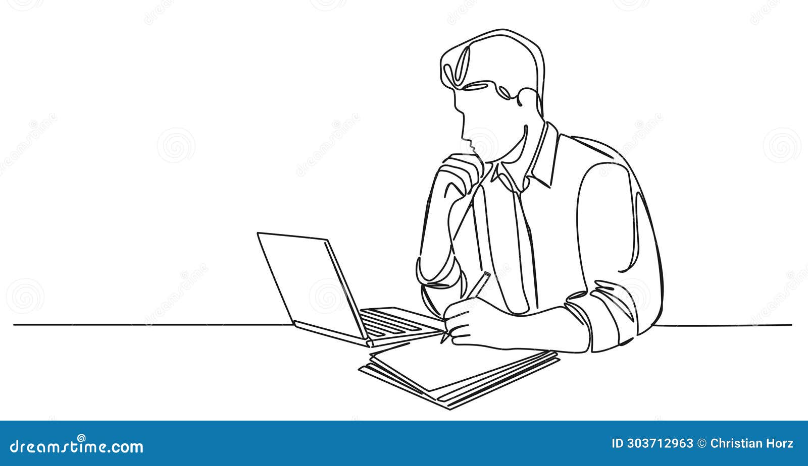 Single Line Drawing of Man Taking Notes on Paper White Using Laptop ...