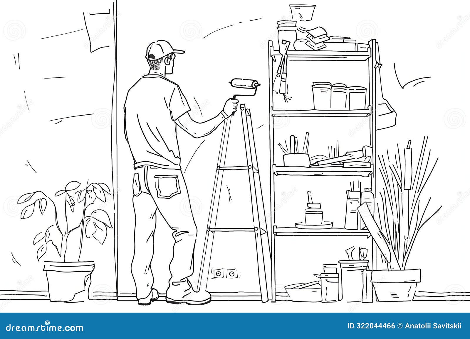 A Single-line Drawing of a Painter on a Ladder, Using a Paint Roller To ...