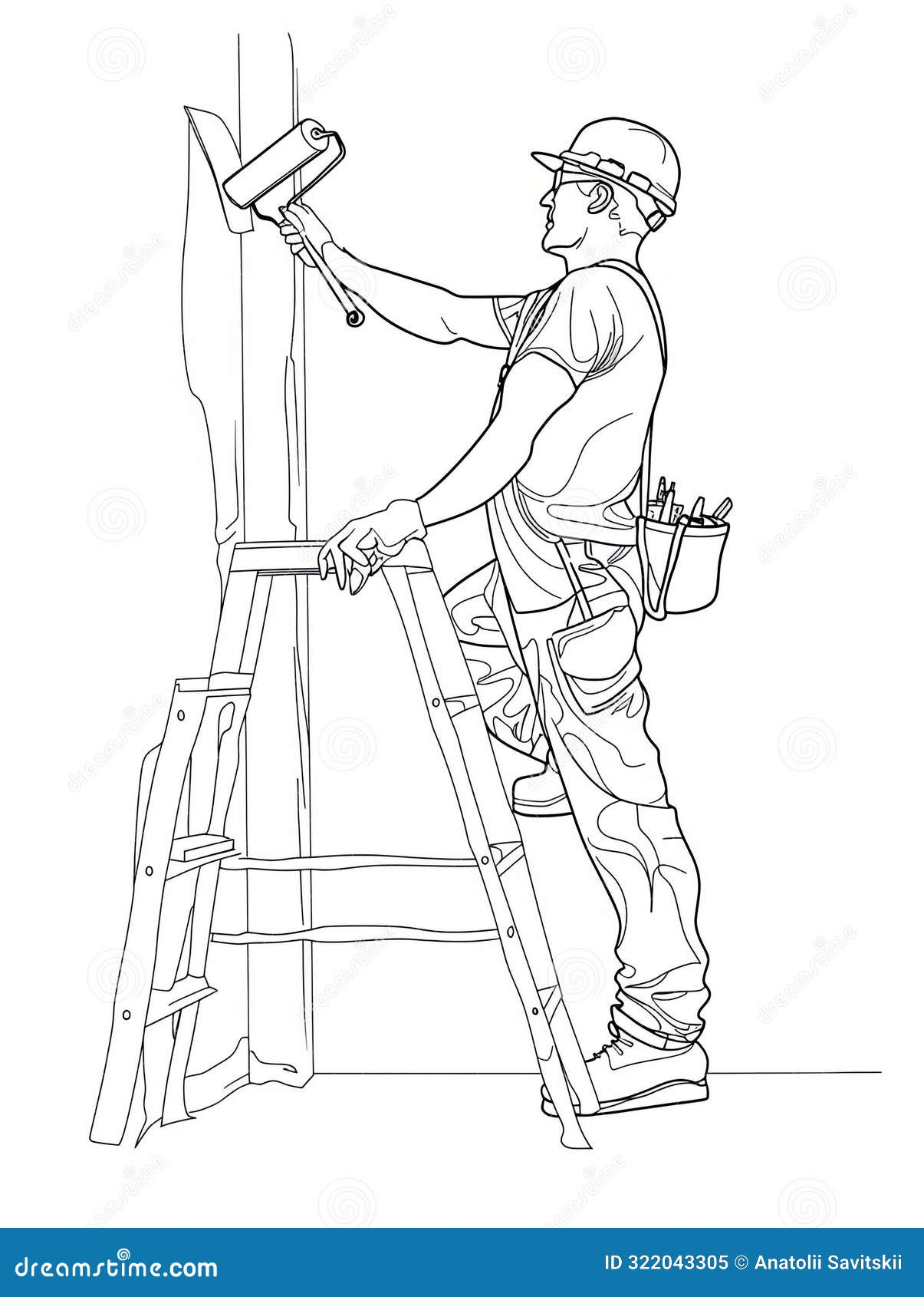 A Single-line Drawing of a Painter Standing on a Ladder, Using a Roller ...