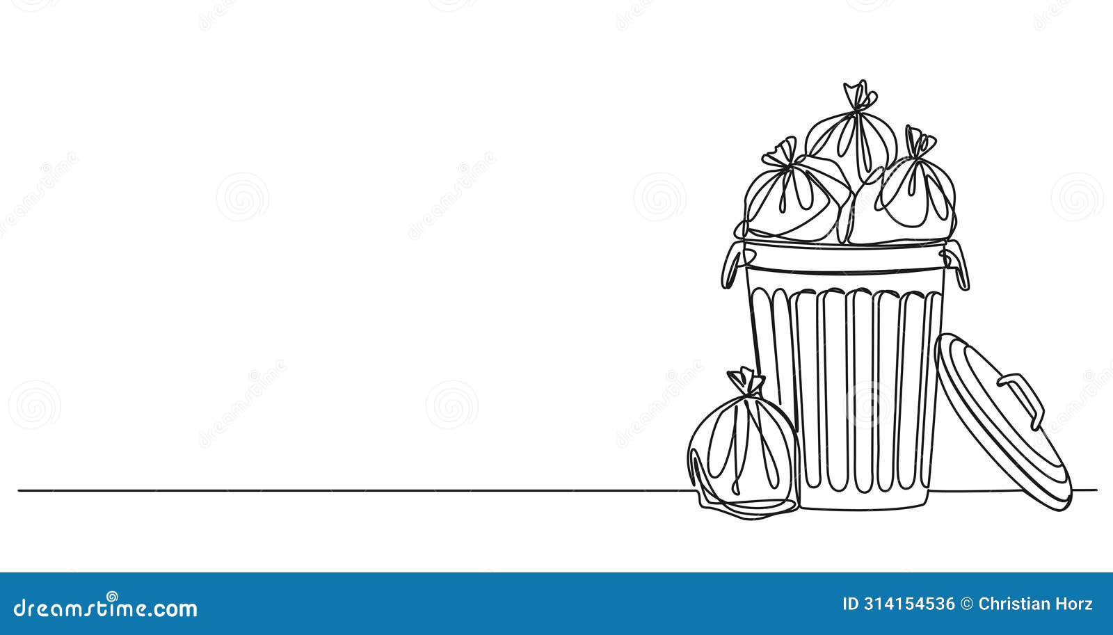 Single Line Drawing of Trash Can Overflowing with Trash Bags Stock ...
