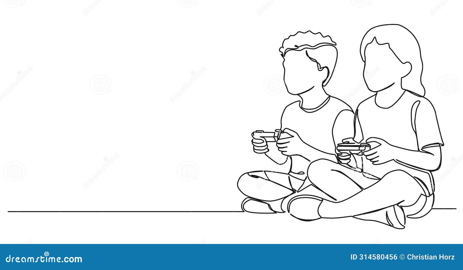 Single Line Drawing of Two Kids Playing Video Games Stock Vector ...