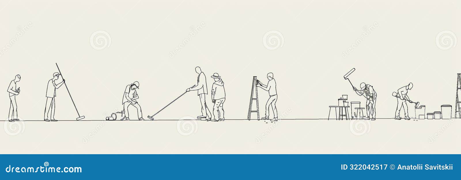 A Single Line Drawing of Various Workers Performing Home Renovation ...