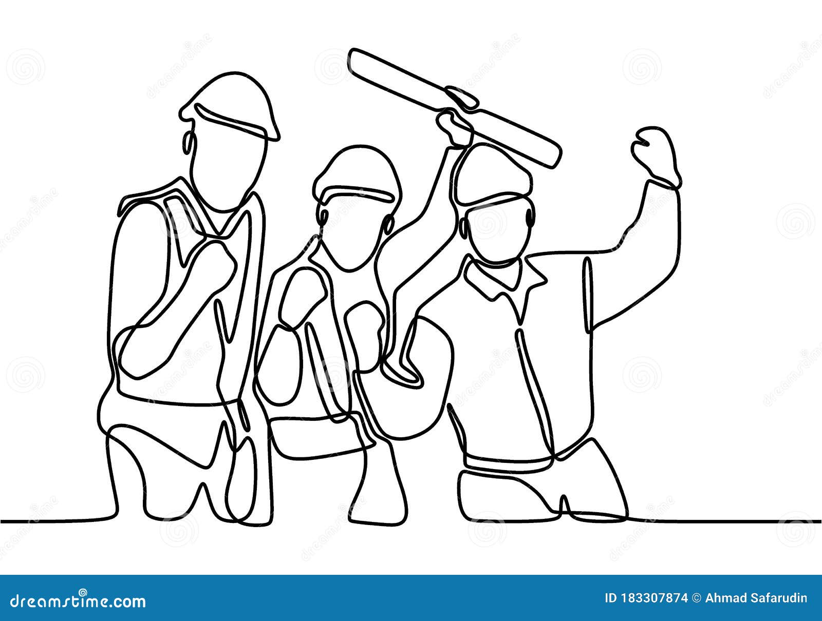 Single Line Drawing of Young Construction Worker Foreman with Team ...