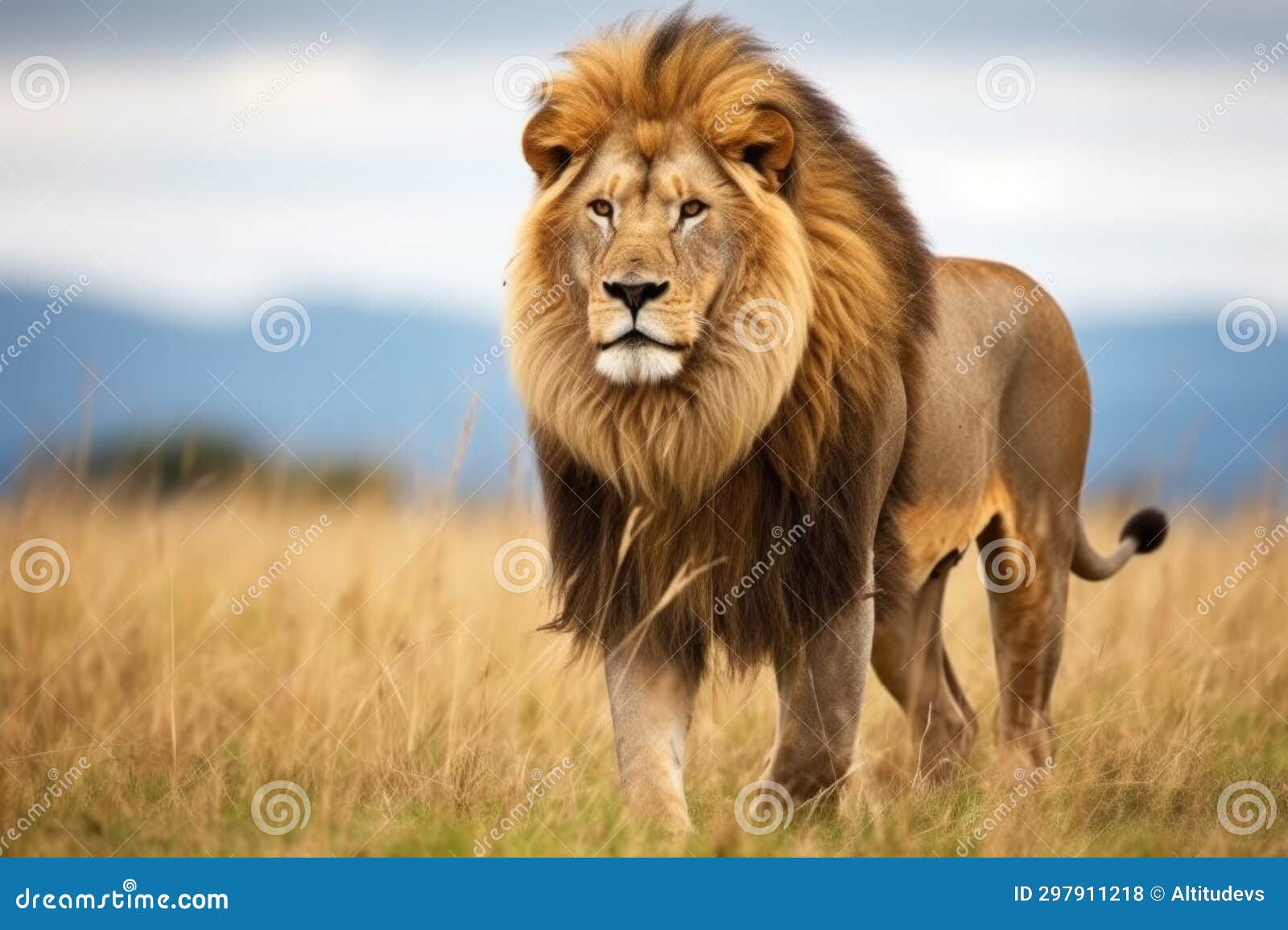 A Single Lion Standing on a Grassy Plain during Daylight Stock Photo ...