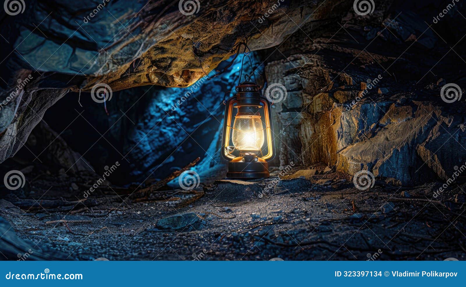 A Single Lit Lantern in a Dark Cave, Providing Some Light Stock Photo ...