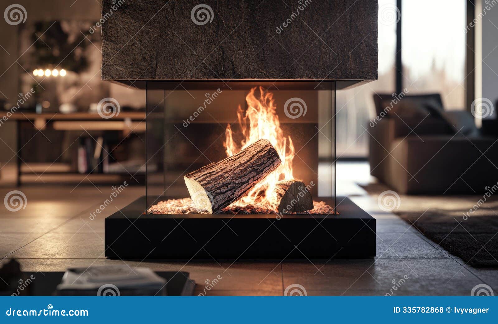 A Single Log Burning in a Modern Indoor Fireplace Stock Photo - Image ...