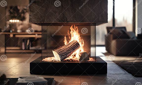 A Single Log Burning in a Modern Indoor Fireplace Stock Photo - Image ...