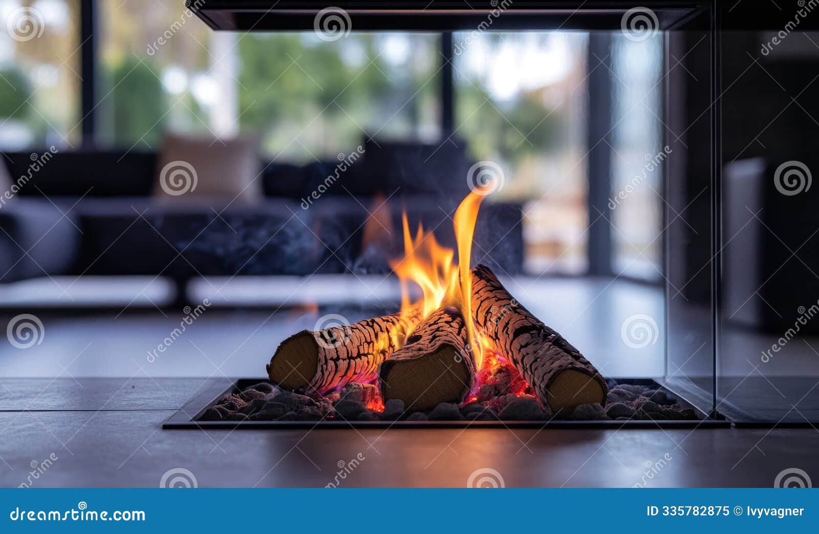 A Single Log Burning in a Modern Indoor Fireplace Stock Image - Image ...