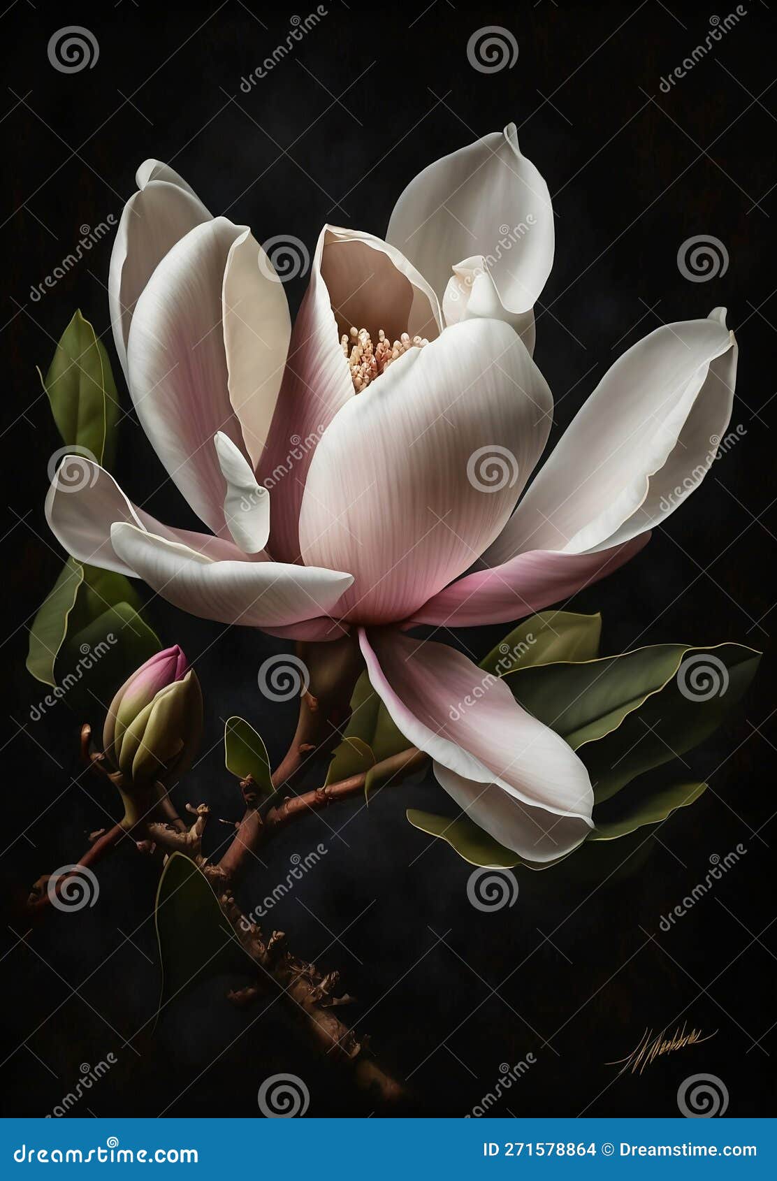 Single Magnolia Flower on Black Background Stock Illustration ...