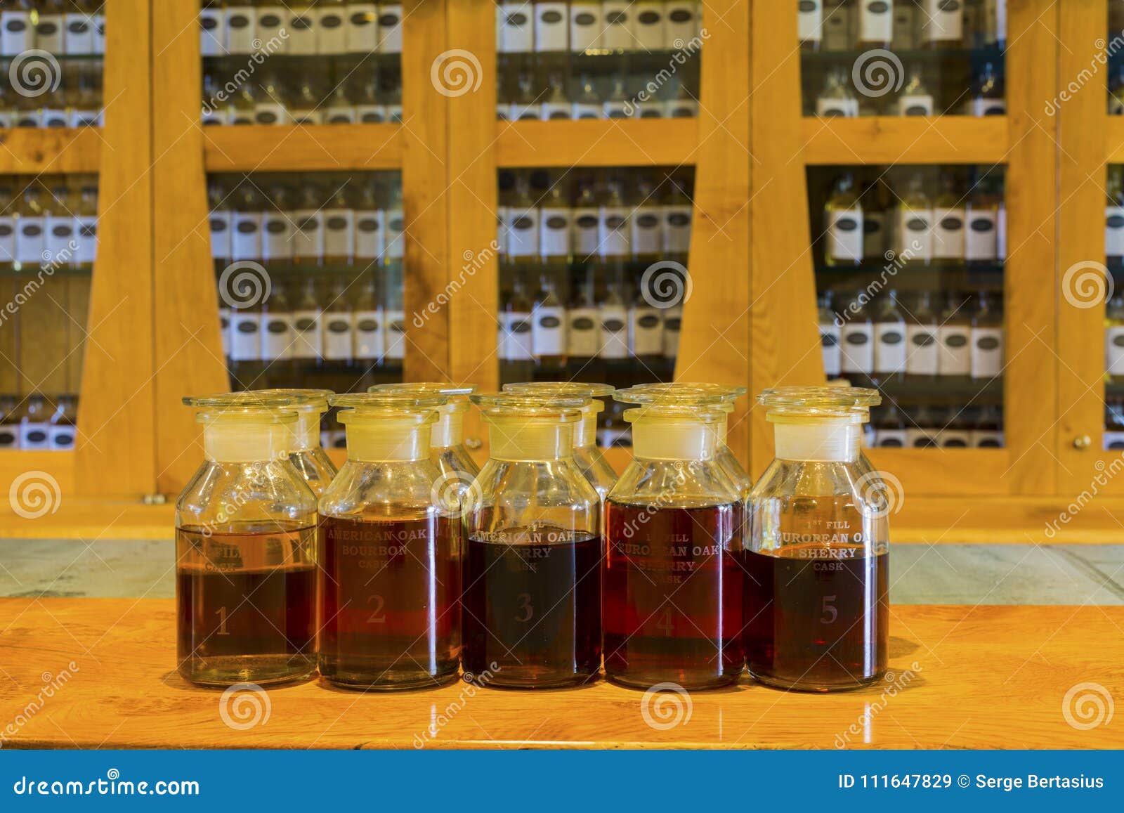 Single Malt Whisky Tasting Numbered Sampling Bottles on Display Stock ...