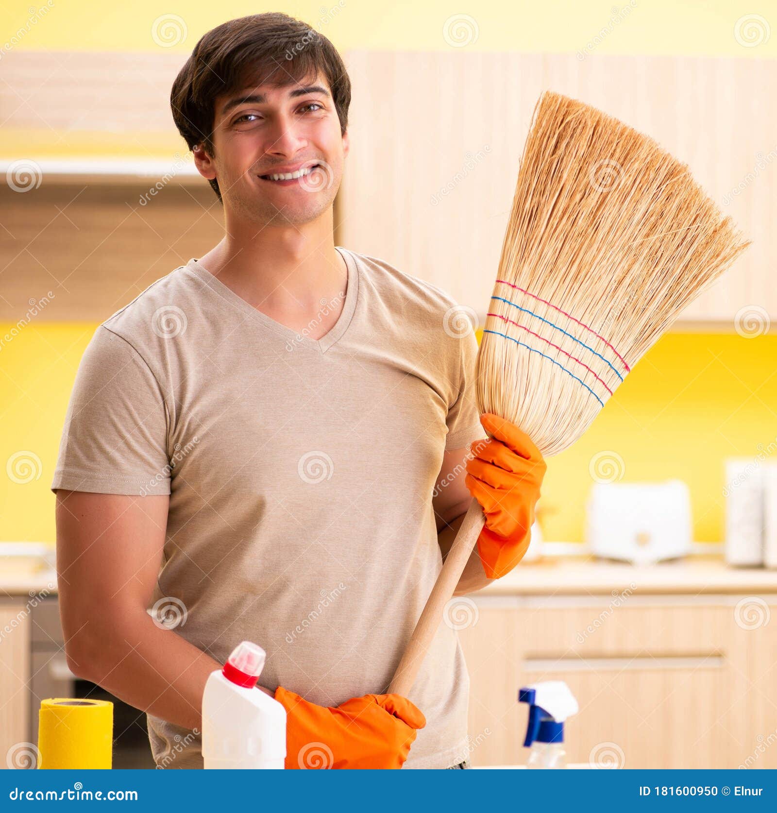 Single Man Cleaning Kitchen at Home Stock Photo - Image of house, happy ...