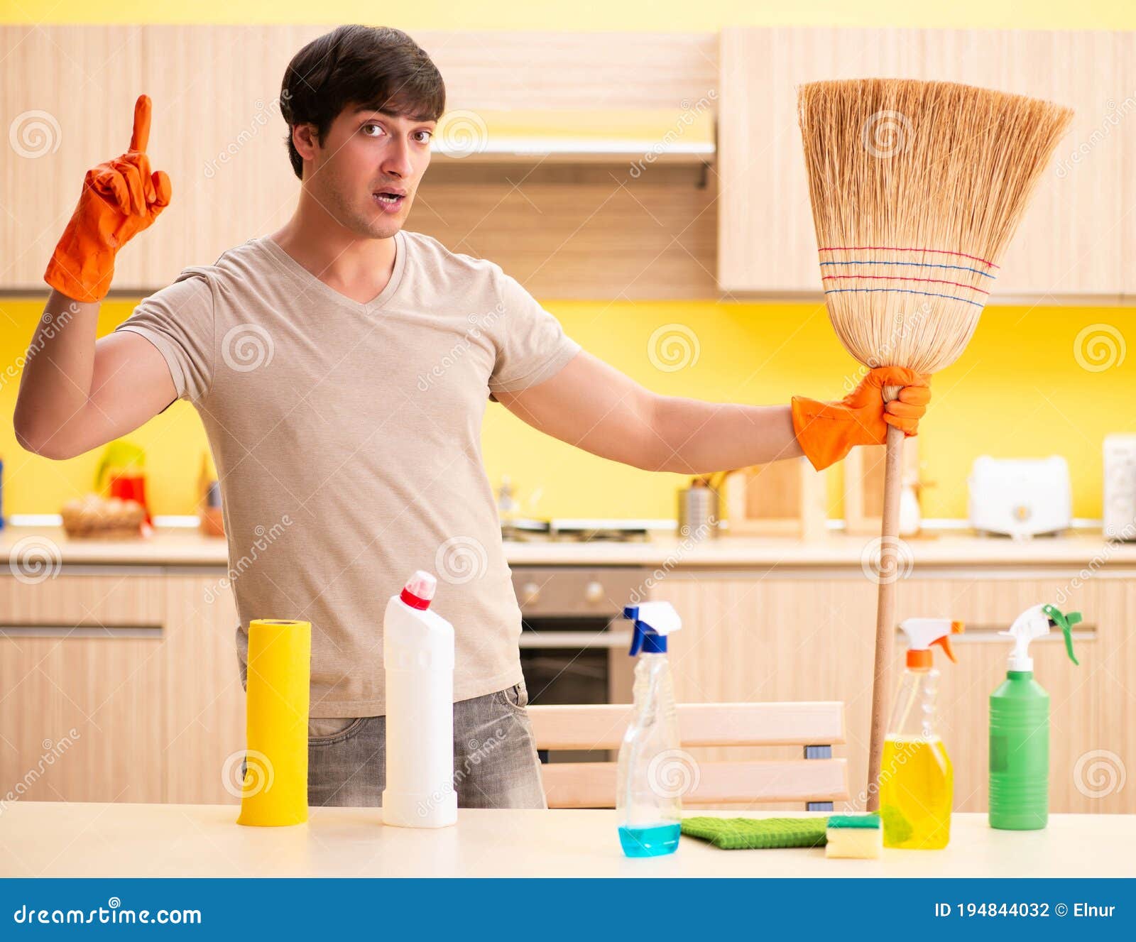 Single Man Cleaning Kitchen at Home Stock Photo - Image of house, dust ...