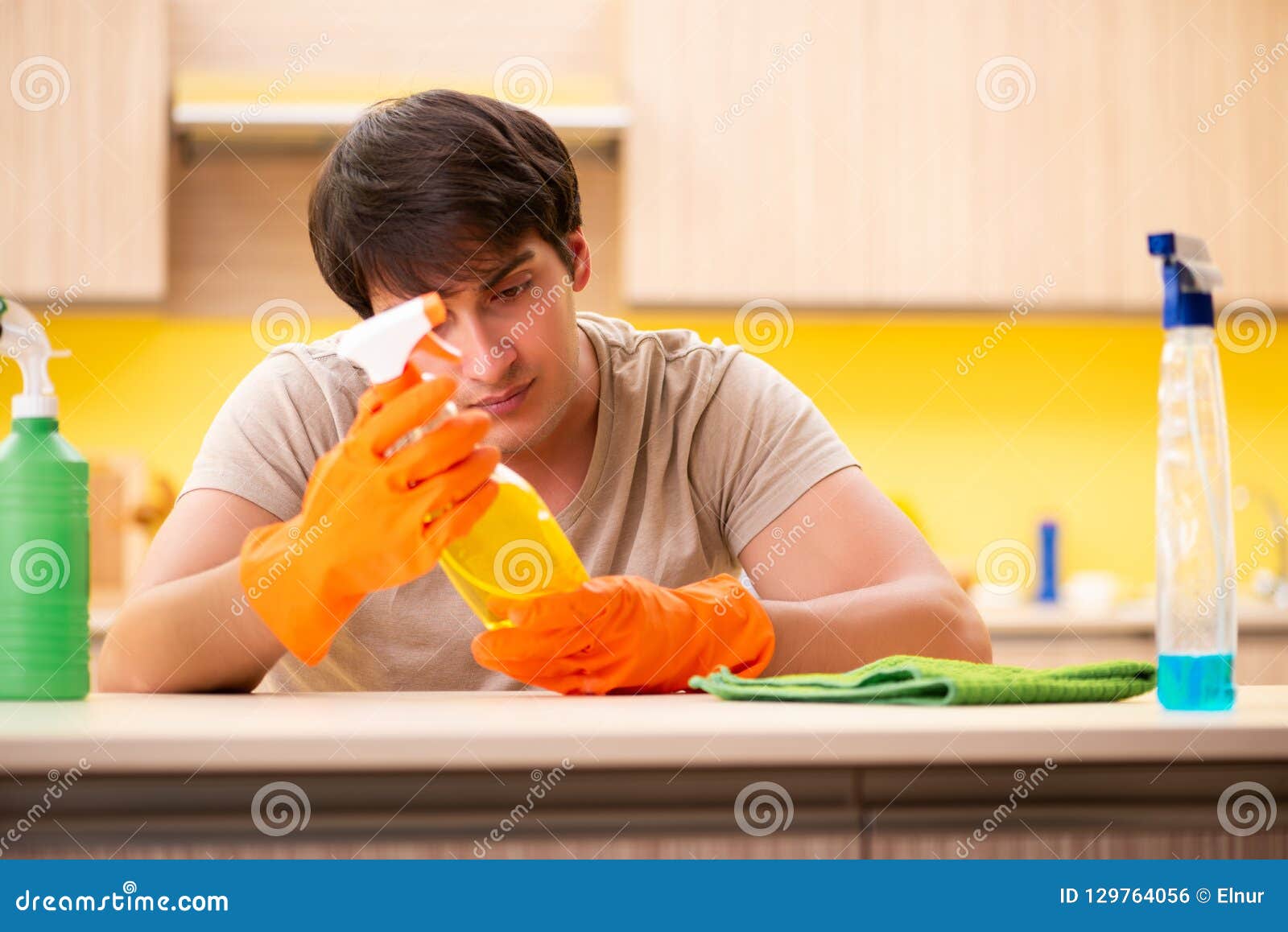 The Single Man Cleaning Kitchen at Home Stock Photo - Image of bottle ...