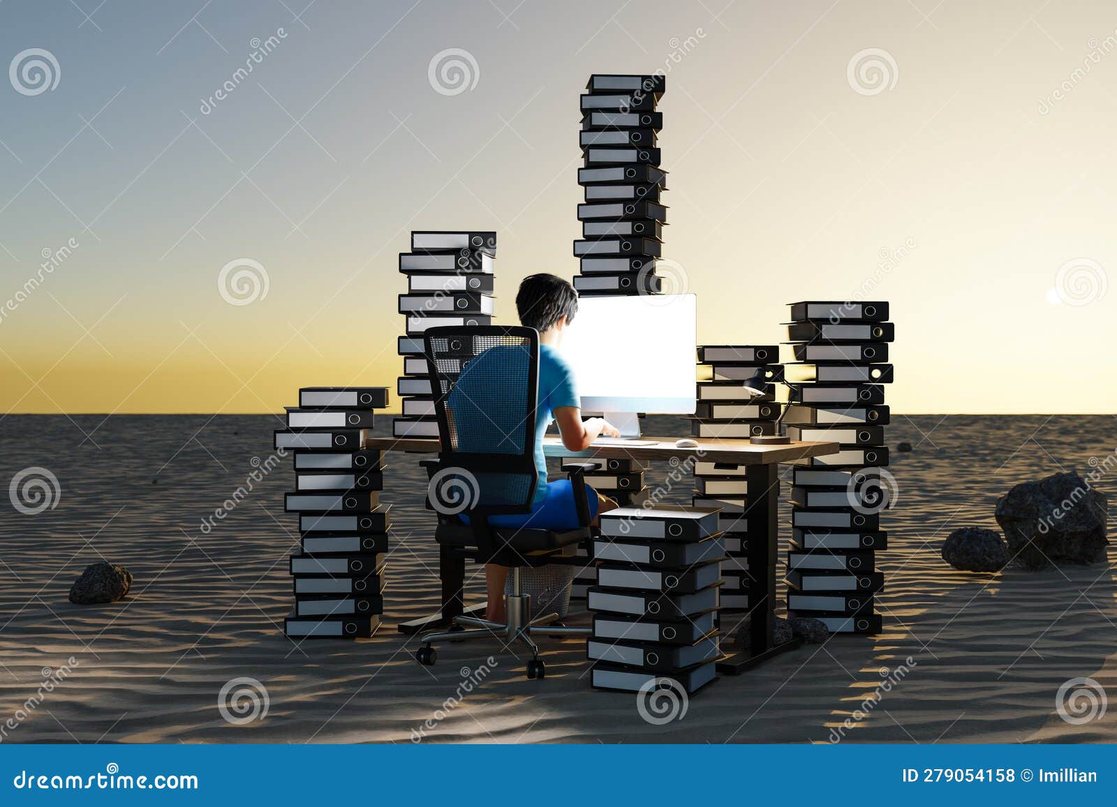 Single Man Sitting at Pc Office Workplace in Desert Environment with ...