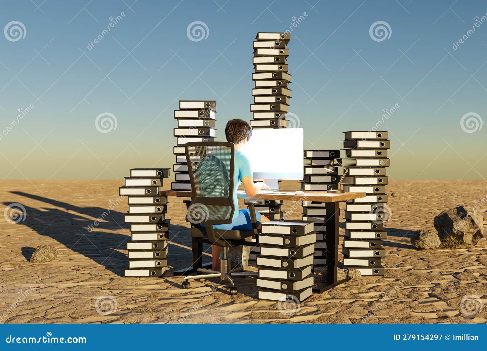 Single Man Sitting at Pc Office Workplace in Desert Environment with ...