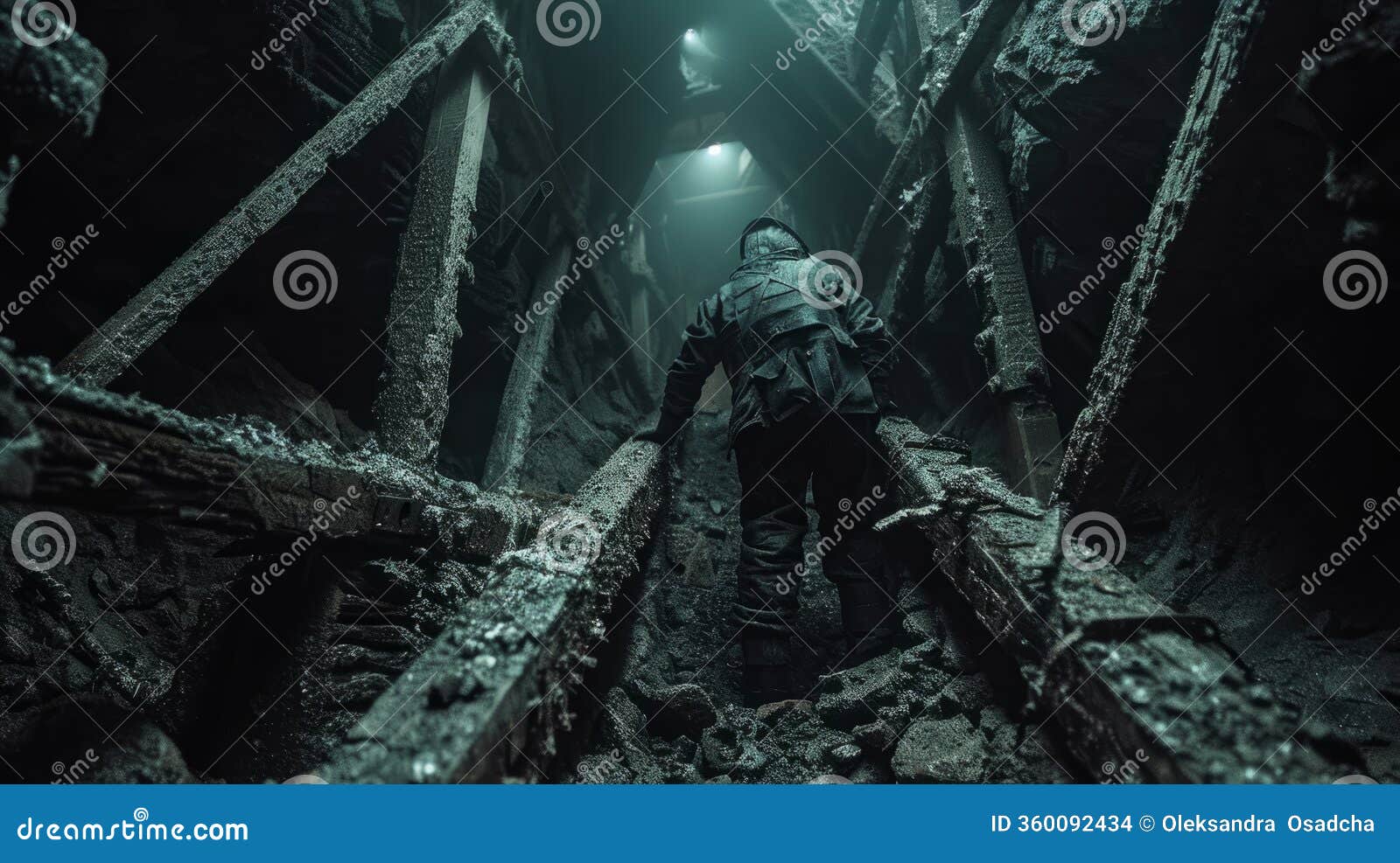 A Single Miner in Black Uniform Working Deep Underground in a Dark ...