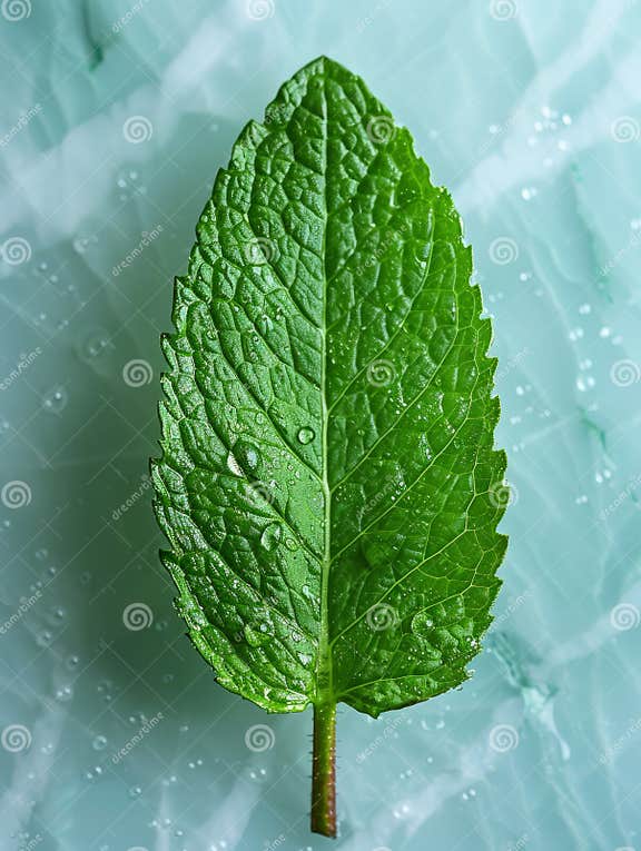 Single Mint Leaf with Water Droplets on a Blue Surface Stock Photo ...