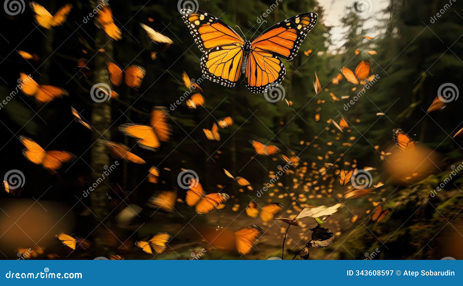 A Single Monarch Butterfly in Flight with a Swarm of Butterflies in the ...