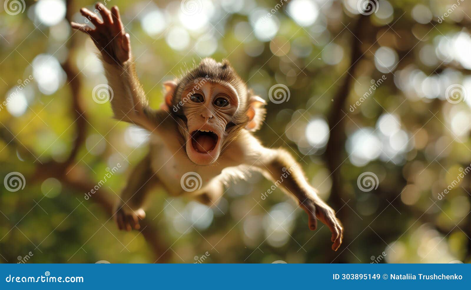 Single Monkey or Macaca Jumping in a Flying Position. it Leaping Floats ...