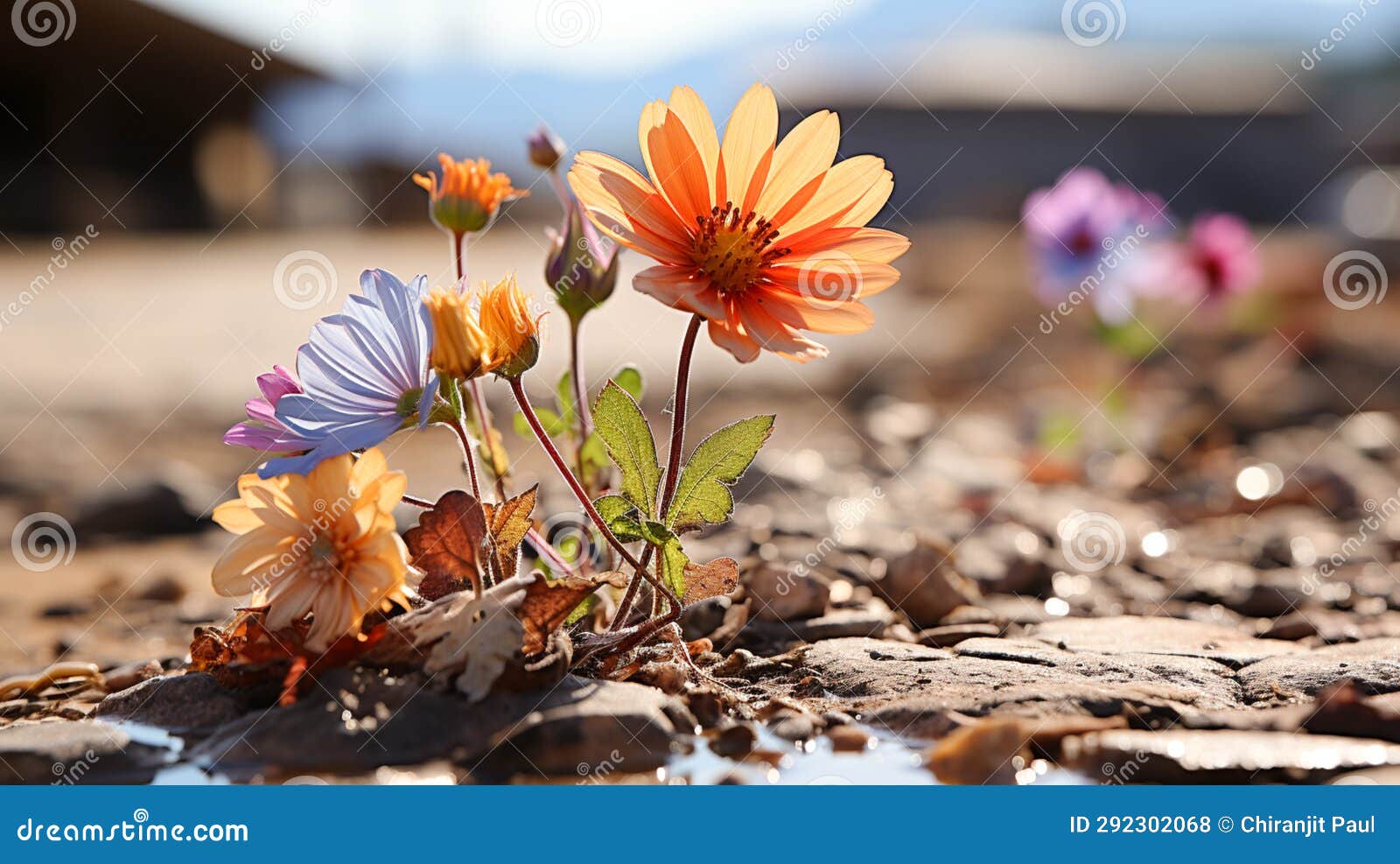 A Single Multi Colored Flower Blossom on the Road Closeup View Stock ...