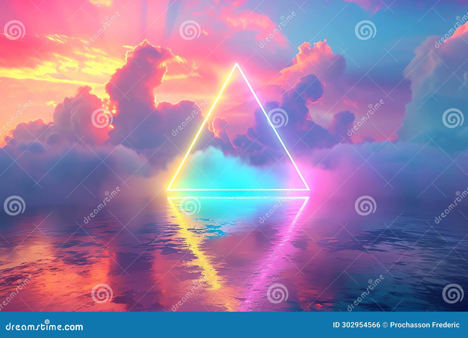 Single Neon Triangle on Water with Clouds, AI Generated Stock ...