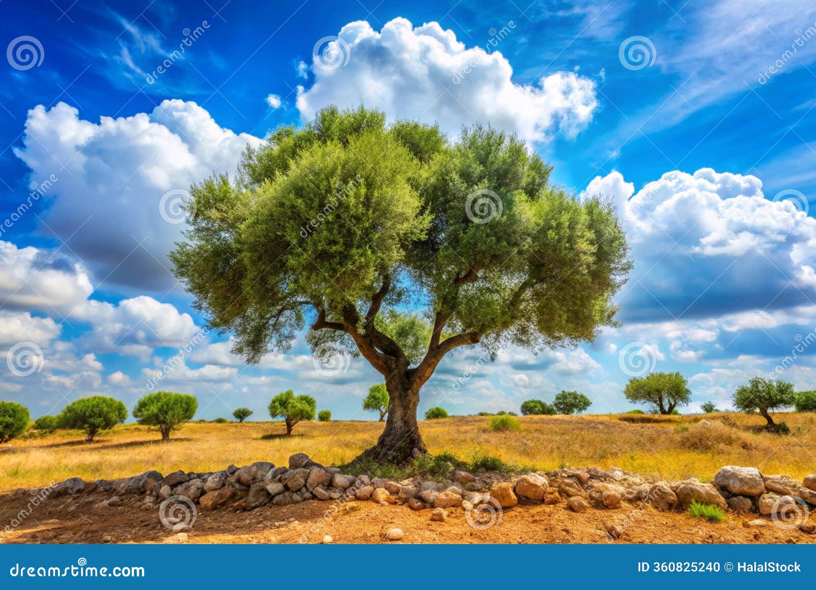 Single Olive Tree â€ Summer Landscape with Blue Sky Stock Illustration ...