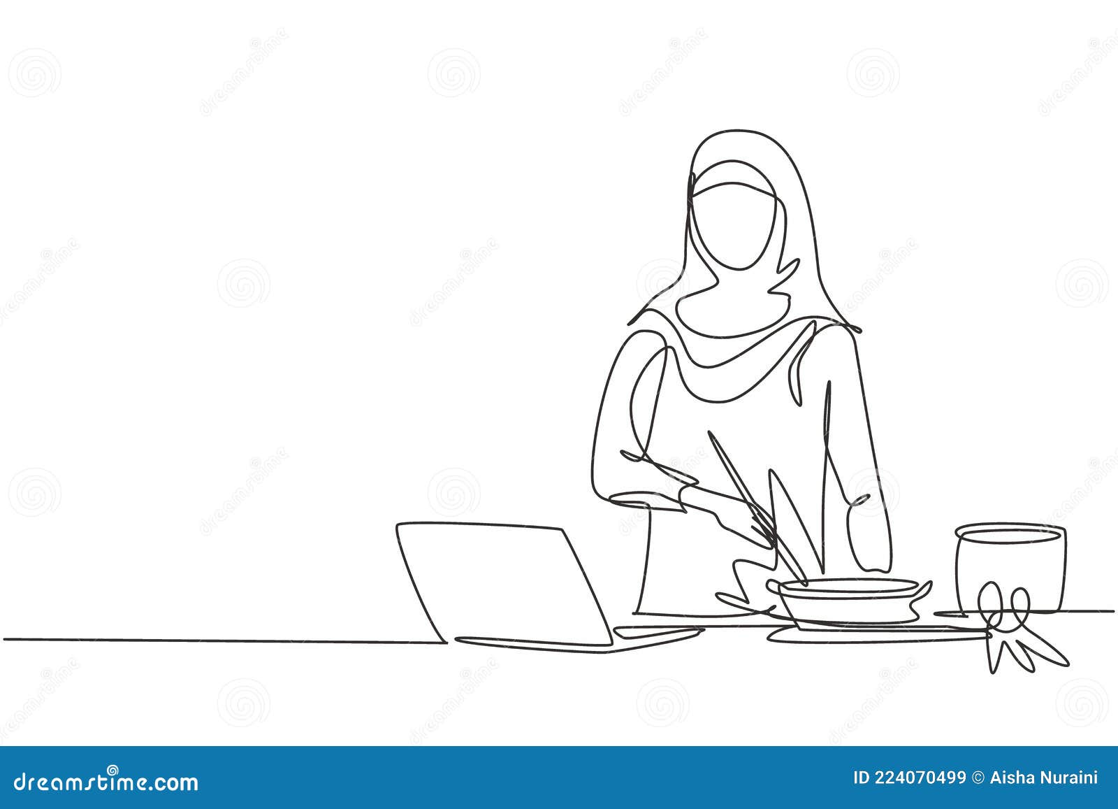 Single One Line Drawing Arabian Woman Cooking Dinner Has Video Call