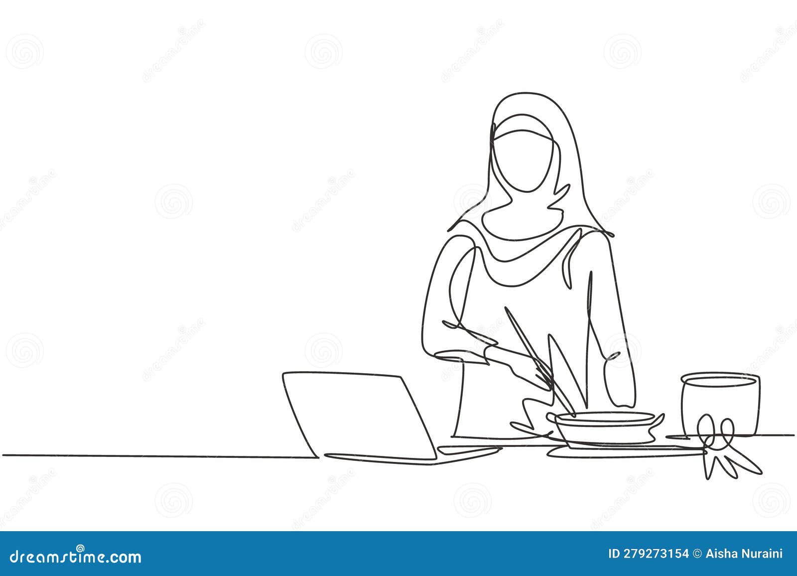 Single One Line Drawing Arabian Woman Cooking Dinner Has Video Call