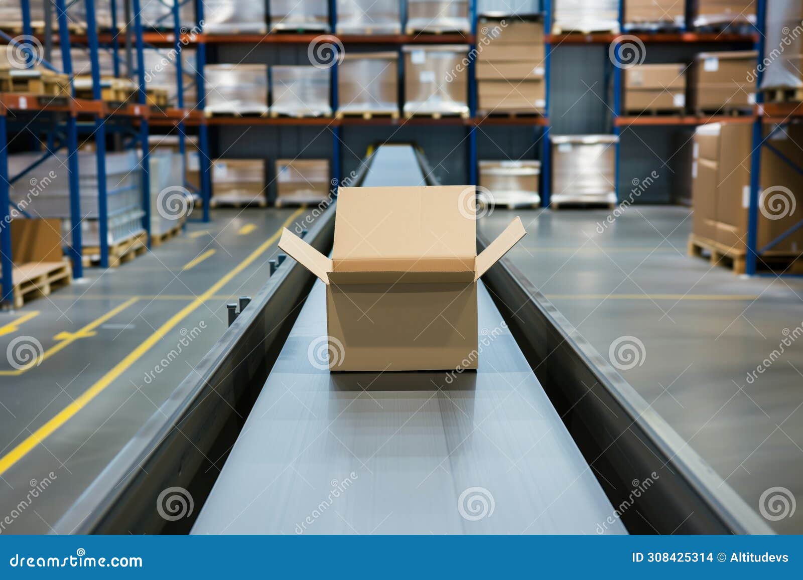 A Single Open Box on a Conveyor Belt, Warehouse Racks Behind Stock ...