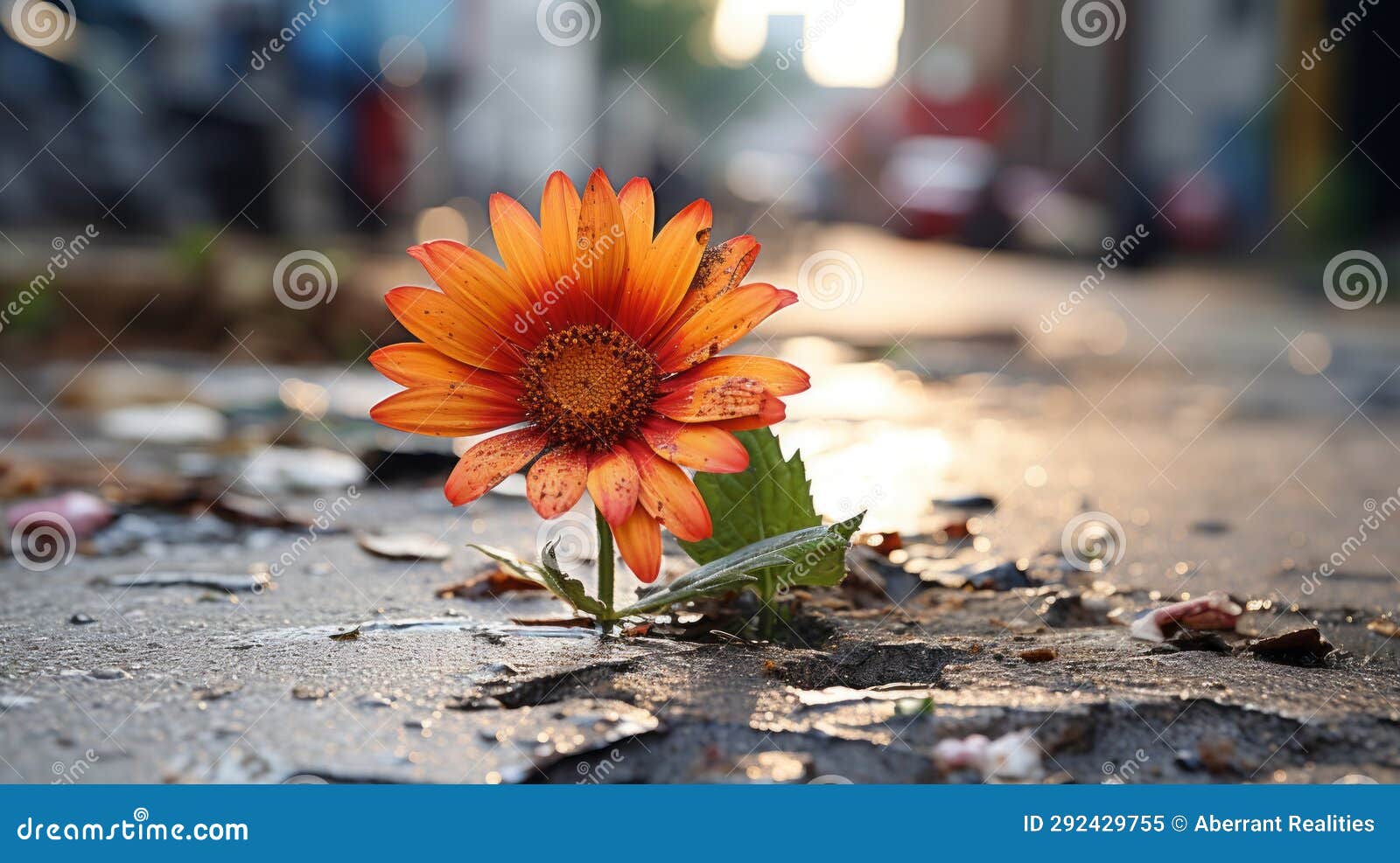 A Single Orange Flower is Growing Out of the Pavement Stock ...