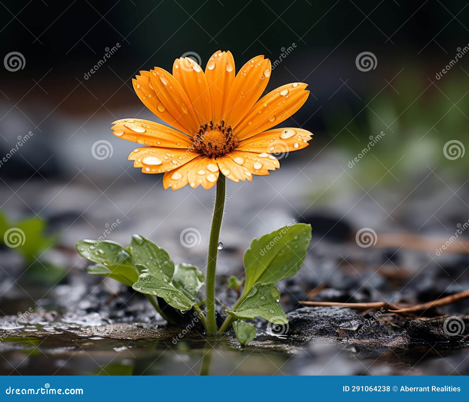 A Single Orange Flower in a Puddle of Water Stock Illustration ...