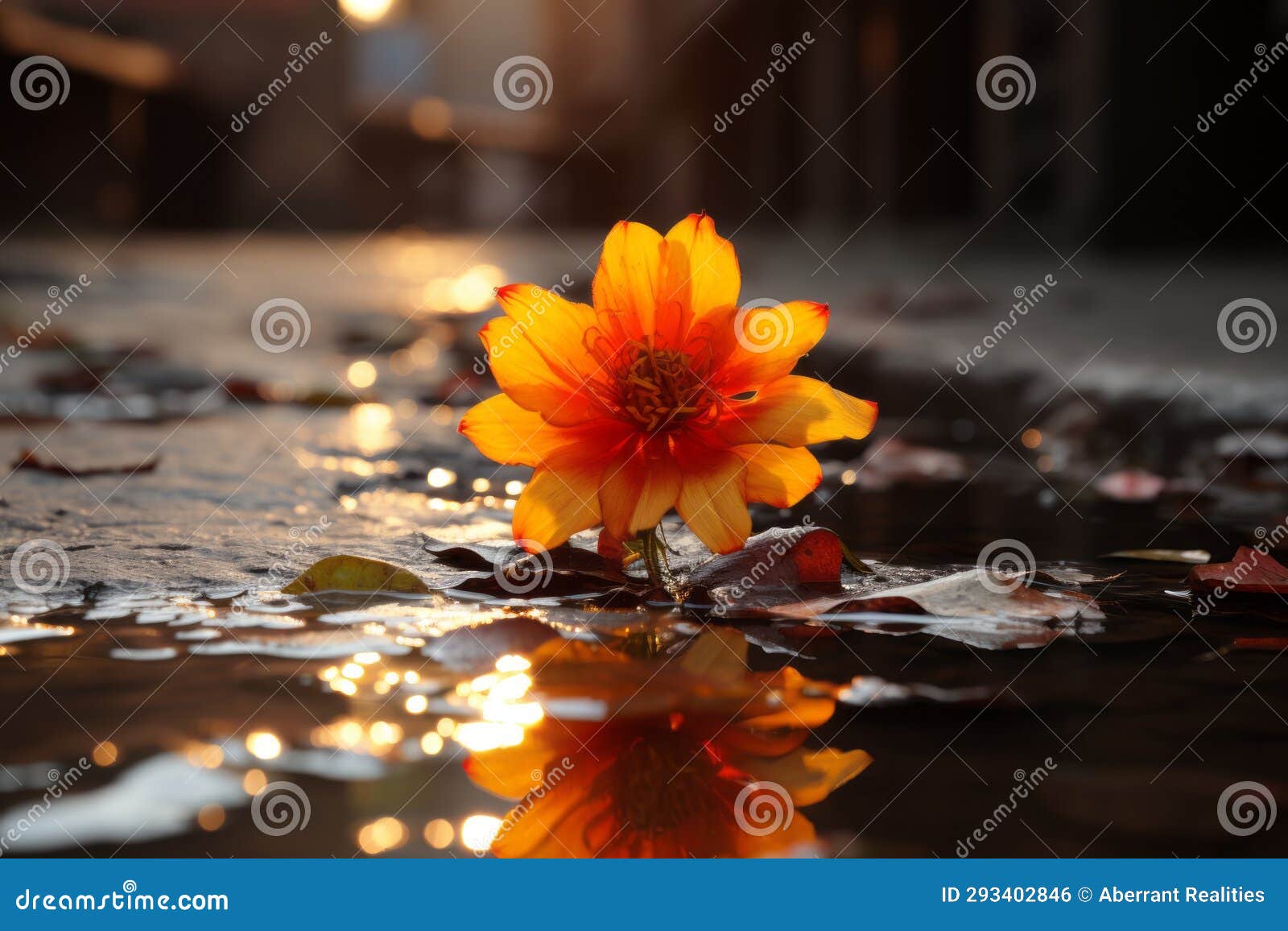 A Single Orange Flower in a Puddle of Water Stock Illustration ...