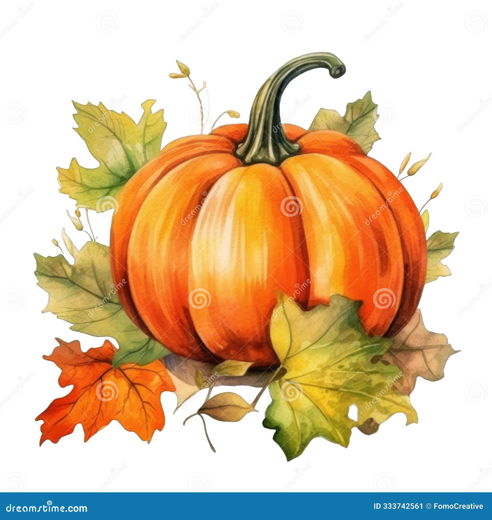 A Single Orange Pumpkin with Fall Leaves Stock Image - Illustration of ...