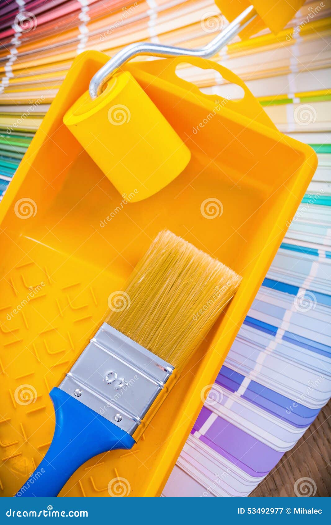 Single Paint Brush in Tray with Roller on Color Stock Image - Image of ...