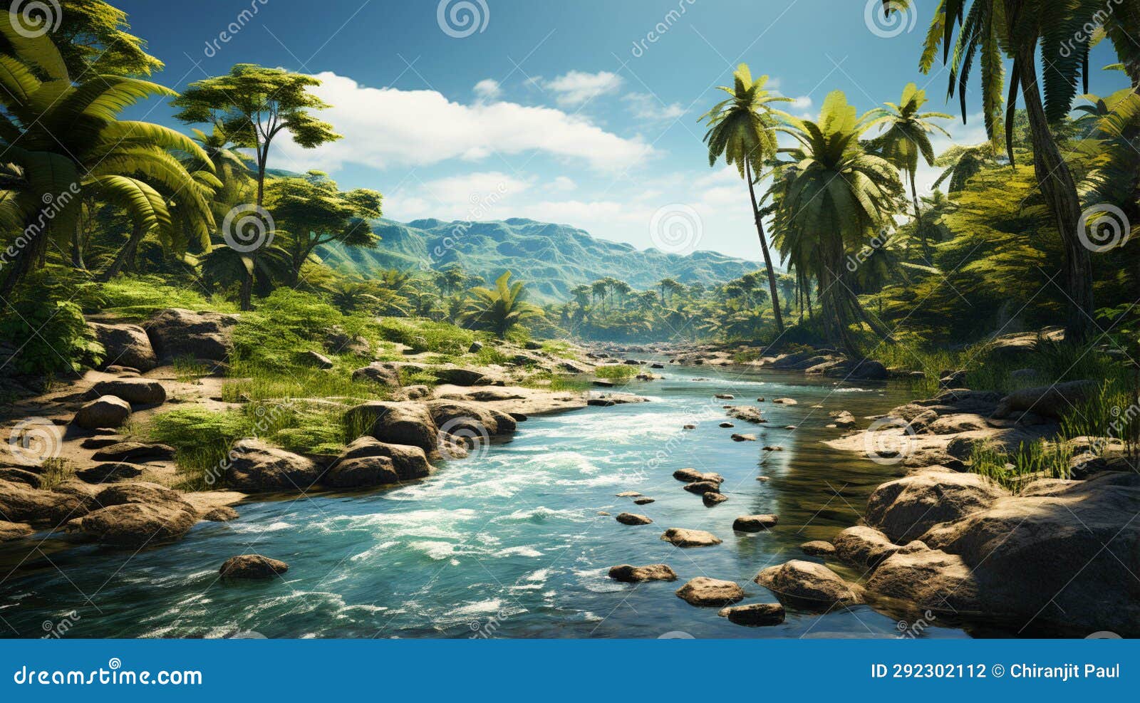 A Single Palm Tree in a Field with a River Stock Photo - Image of water ...