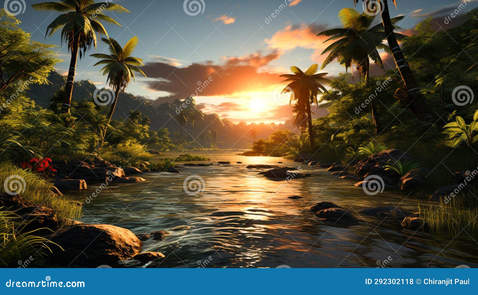 A Single Palm Tree in a Field with a River Stock Photo - Image of ...
