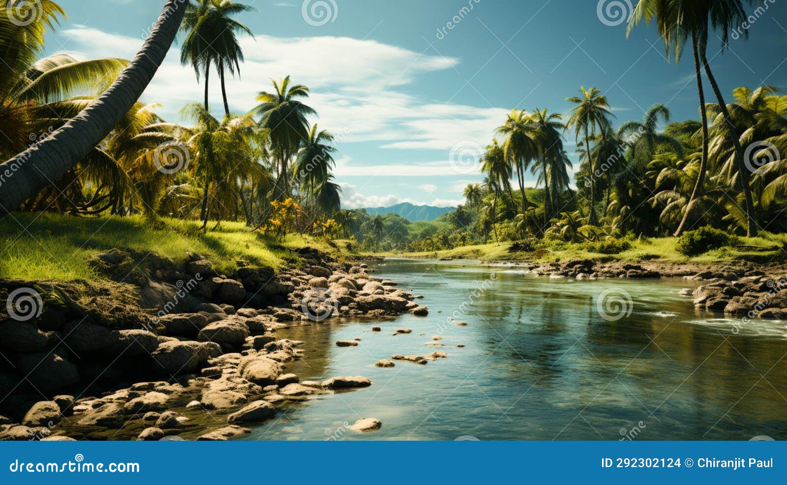 A Single Palm Tree in a Field with a River Stock Photo - Image of field ...