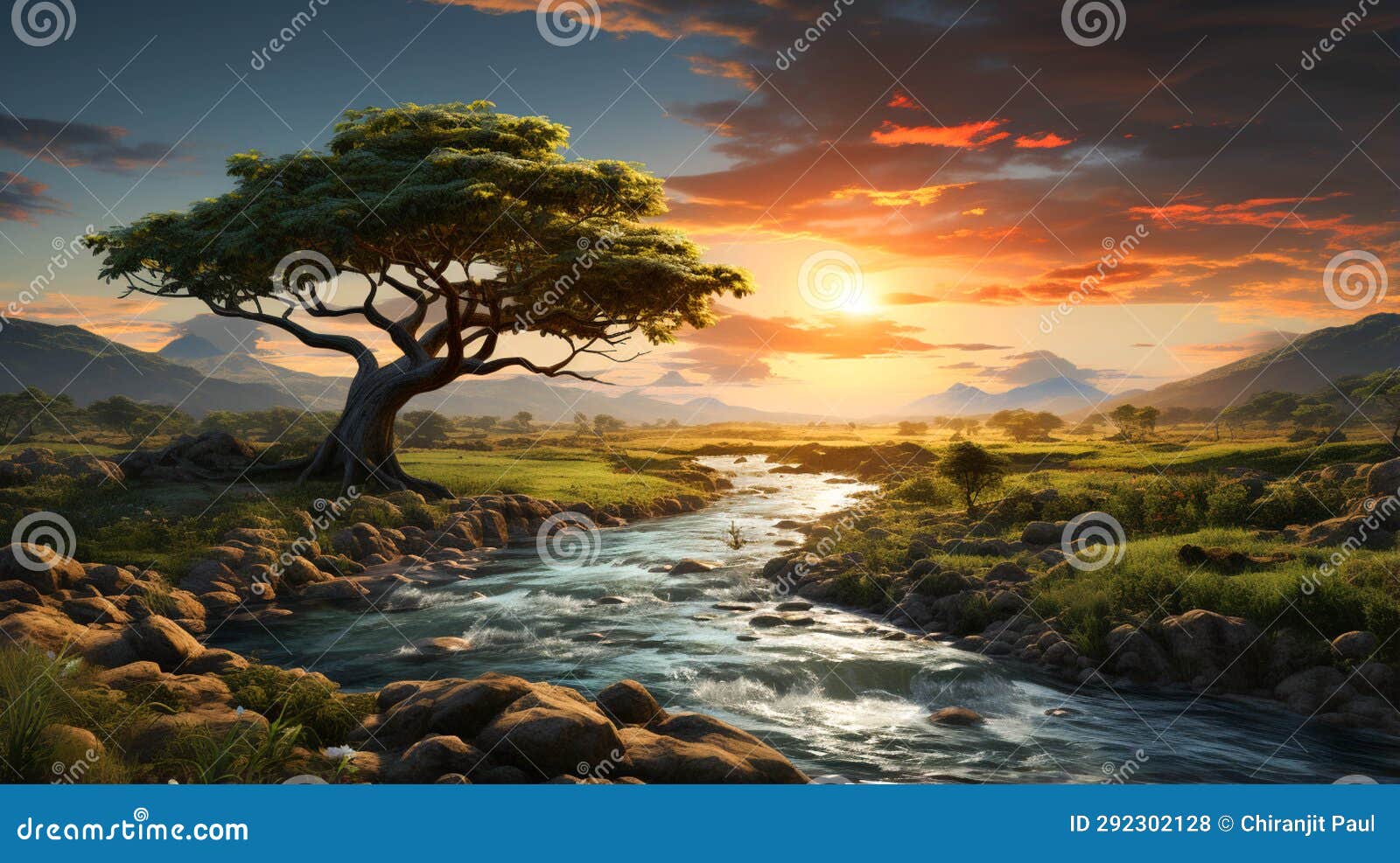 A Single Palm Tree in a Field with a River Stock Illustration ...