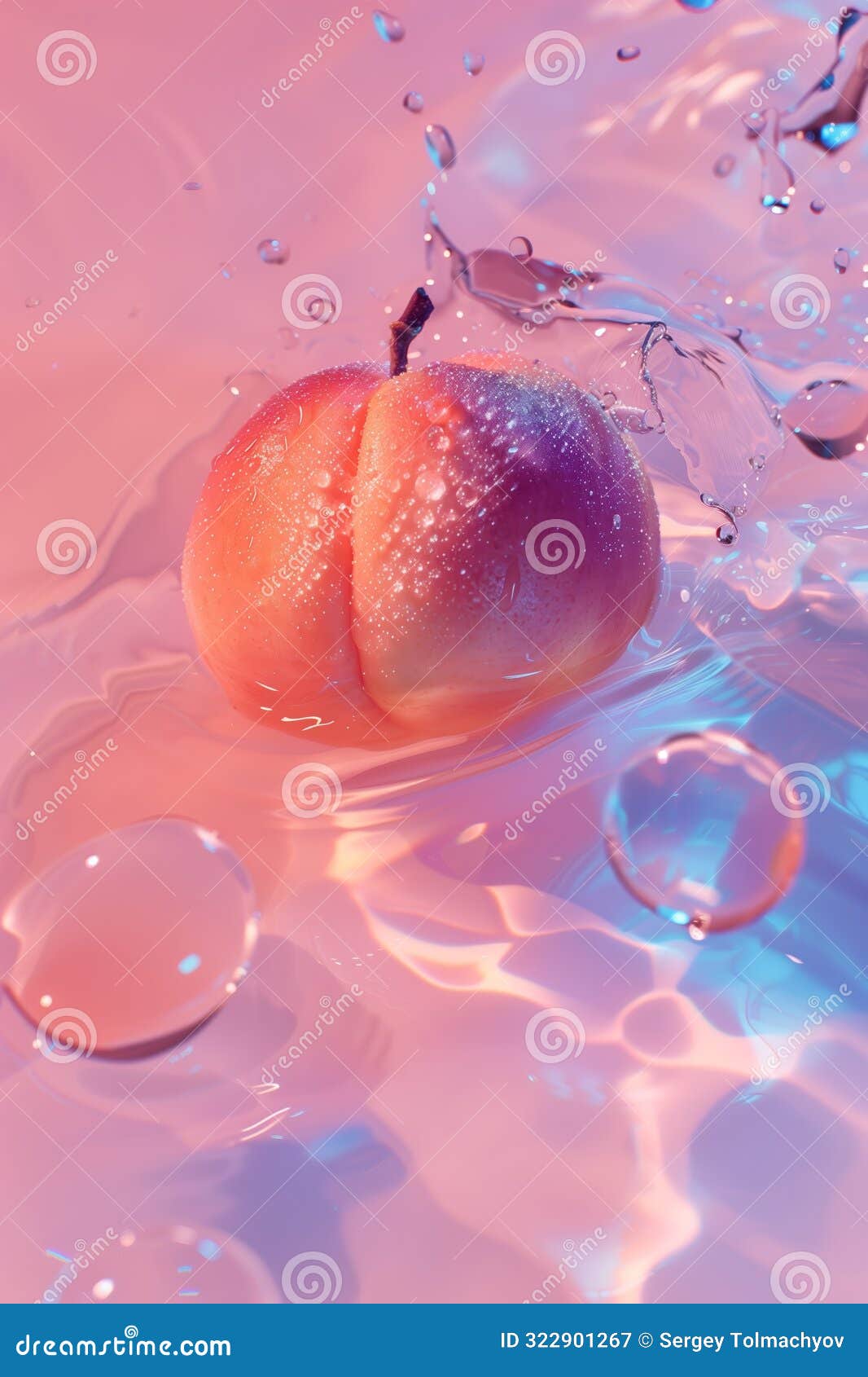 A Single Peach Sinking into Still Water with Pink and Blue Light Stock ...