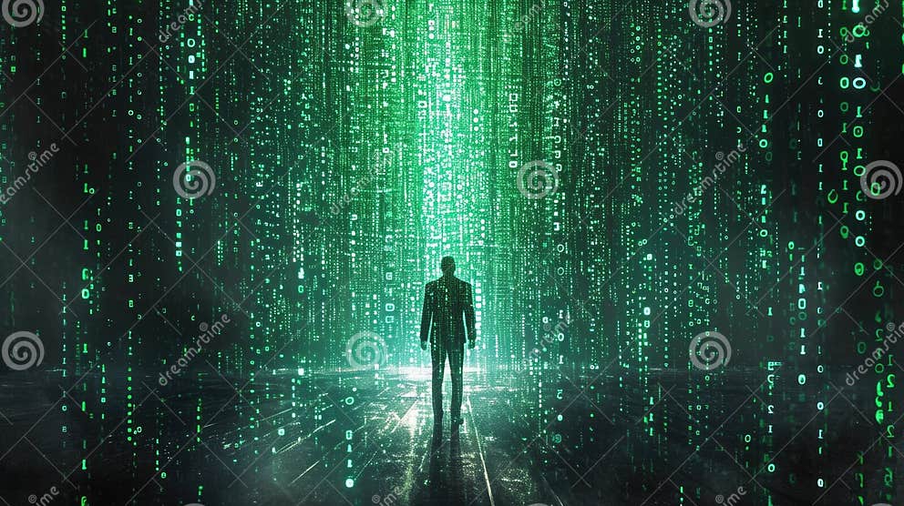 The Single Person Try Searching Something in Digital Matrix Binary Code ...