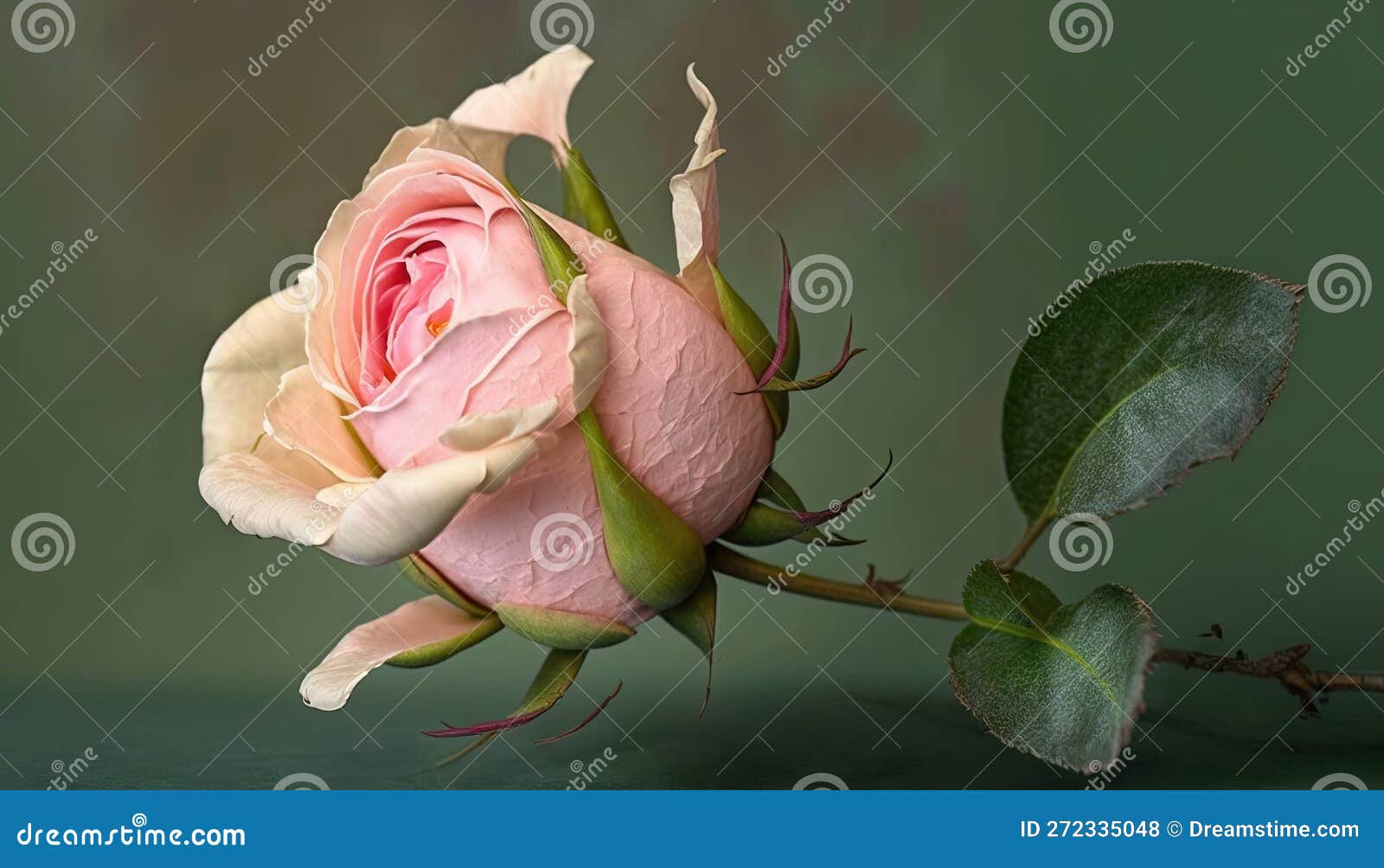 A Single Pink Rose with Green Leaves on a Green Background with a Green ...