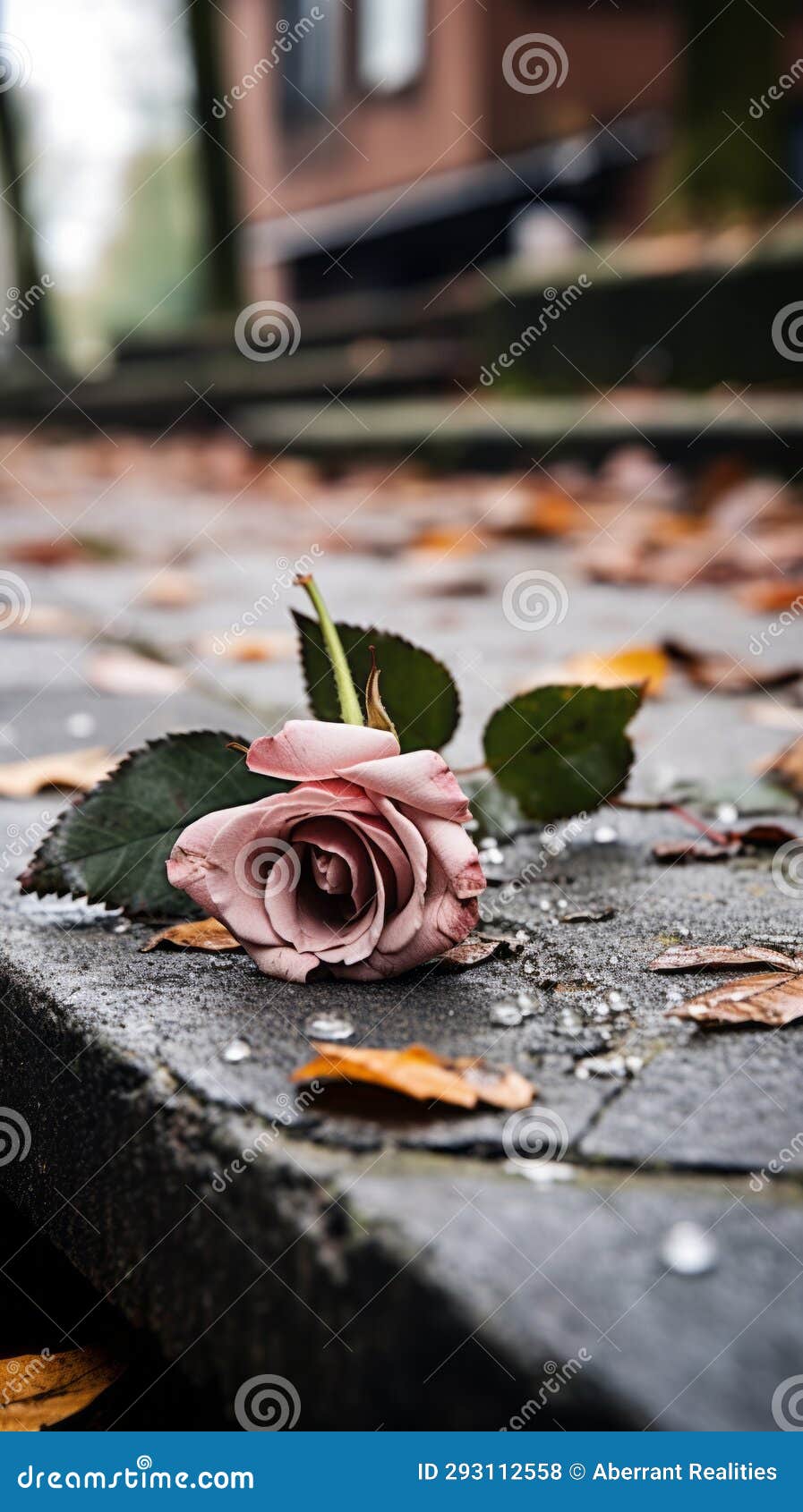 A Single Pink Rose Laying on the Ground in Front of a Building Stock ...