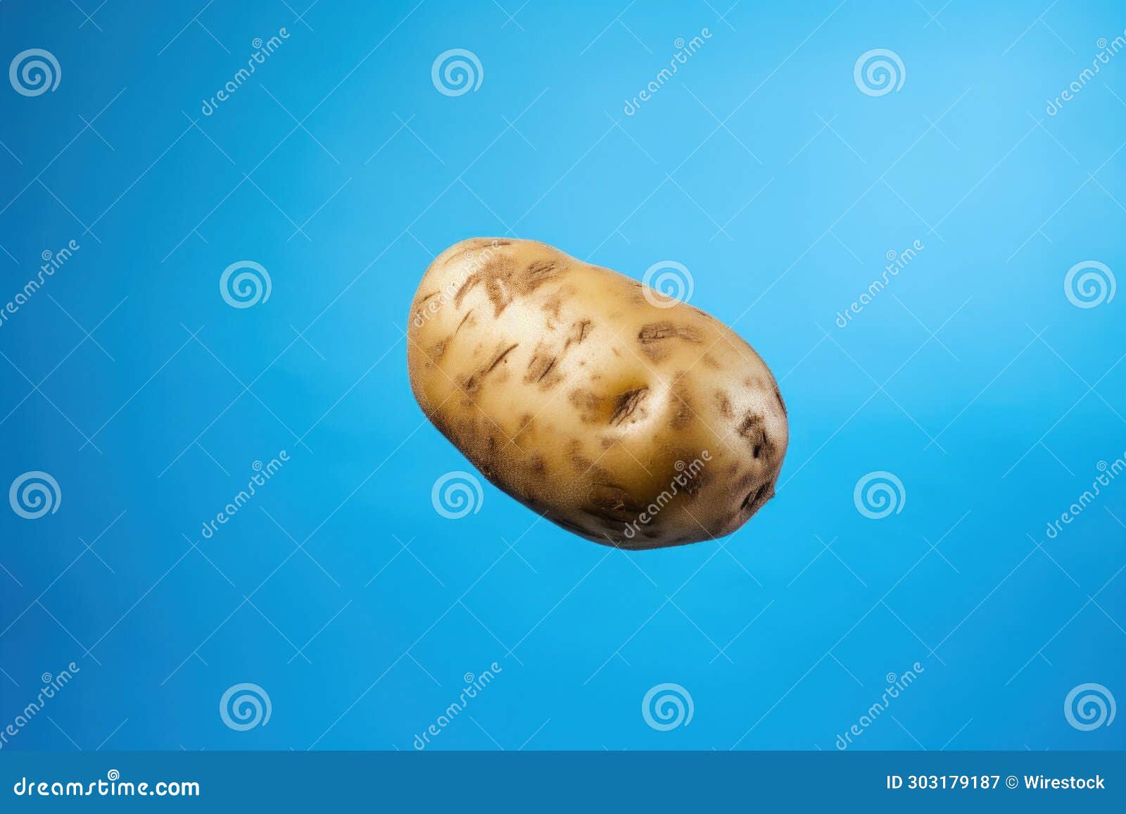 Single Potato Suspended in Midair Against a Bright Blue Backdrop Stock ...
