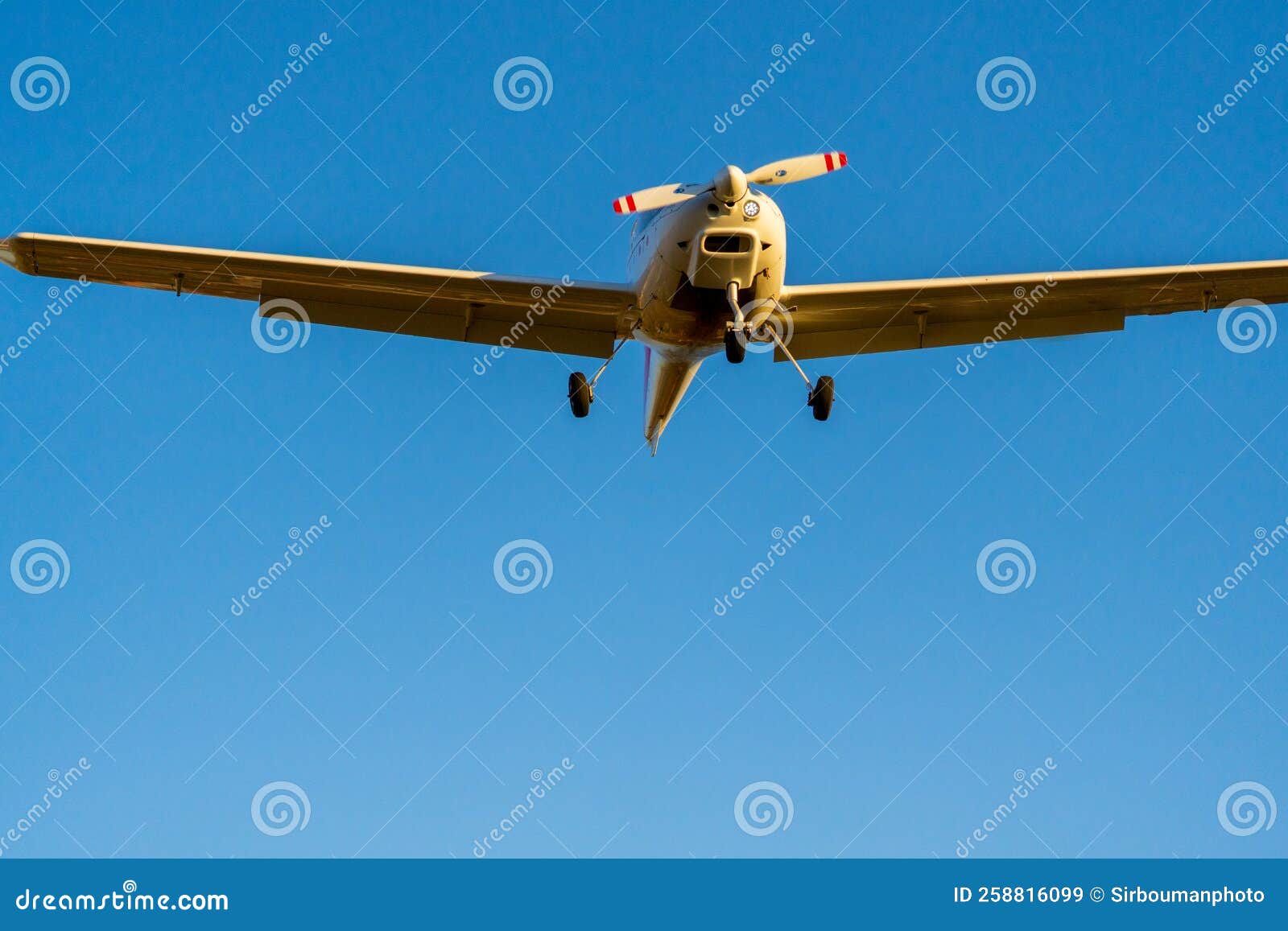Single-propeller Plane Landing from a Nose-down View Sun Iluminated ...